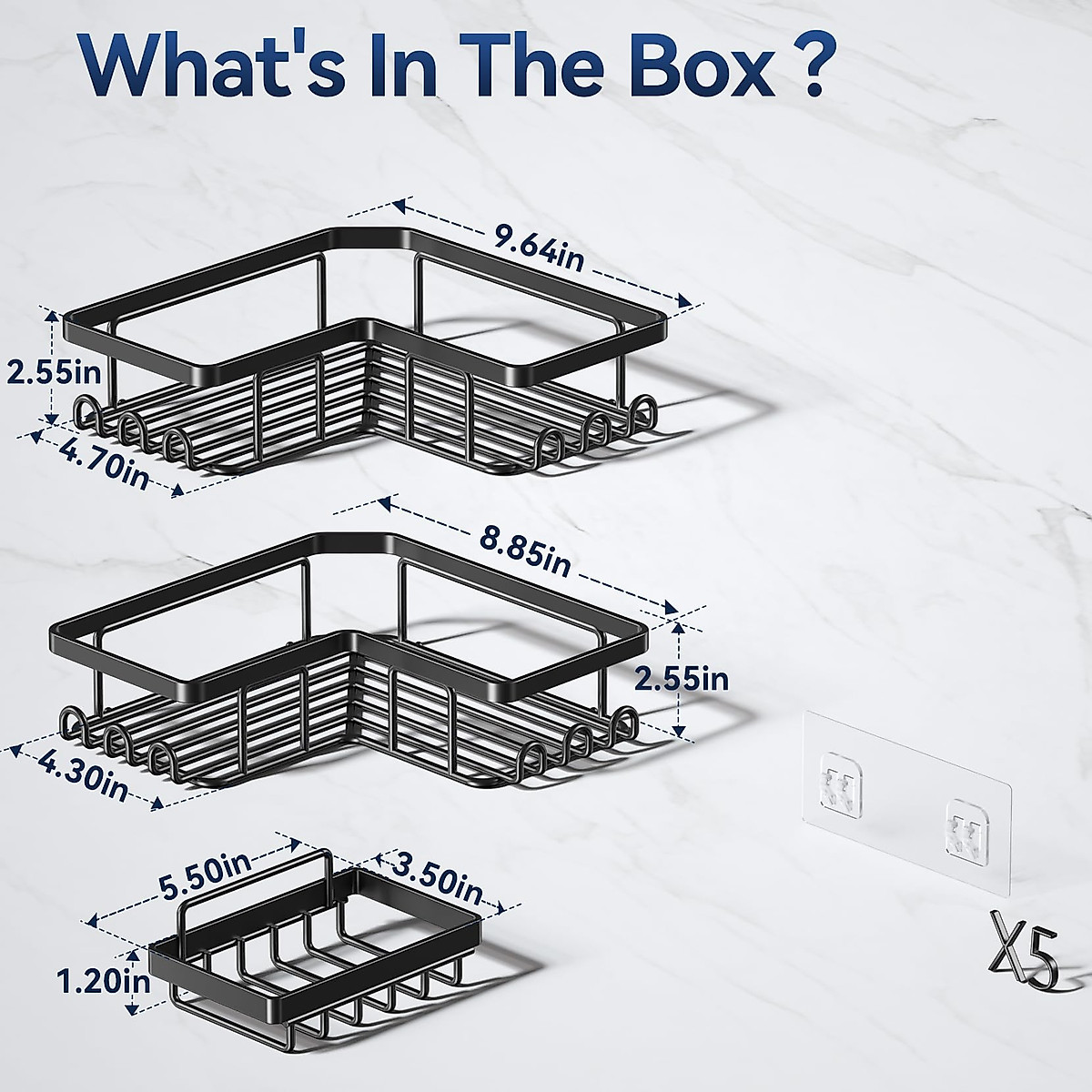 YASONIC Corner Shower Caddy, 3-Pack Adhesive Shower Caddy with Soap Holder and 12 Hooks, Rustproof Stainless Steel Bathroom Shower Organizer, No Drilling Wall Mounted Shower Rack, for Bathroom, Black