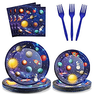 Tevxj 96 Pieces Outer Space Party Decorations Supplies Galaxy Party Tableware Set Outer Space Birthday Party Dessert Plates Napkins Forks for 24 Guests Boy or Girl Party Favors
