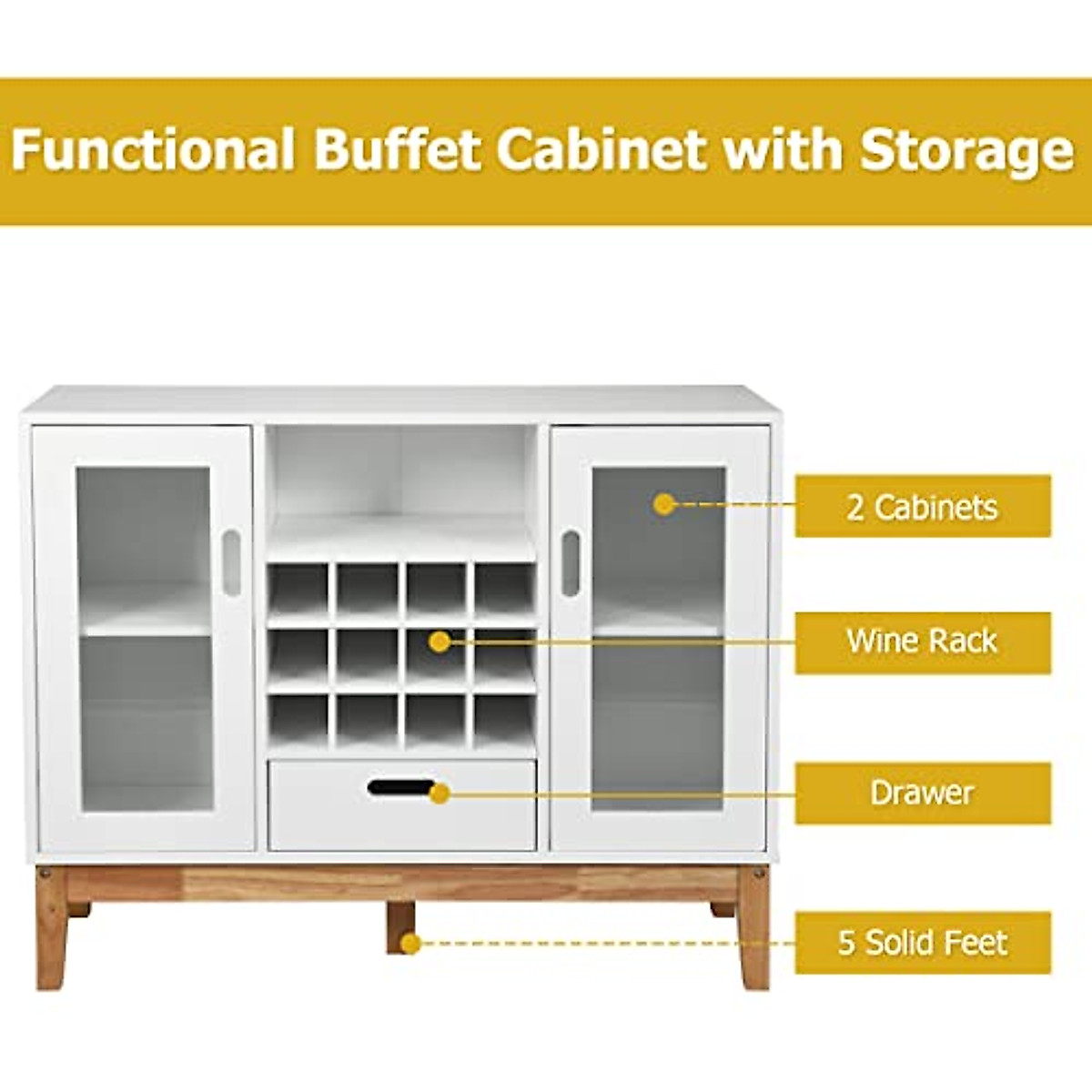 PETSITE White Sideboard Buffet Storage Cabinet with Removable Wine Rack, Glass Doors, Open Shelf & Drawer, Wood Accent Console Table for Living Room, Entryway