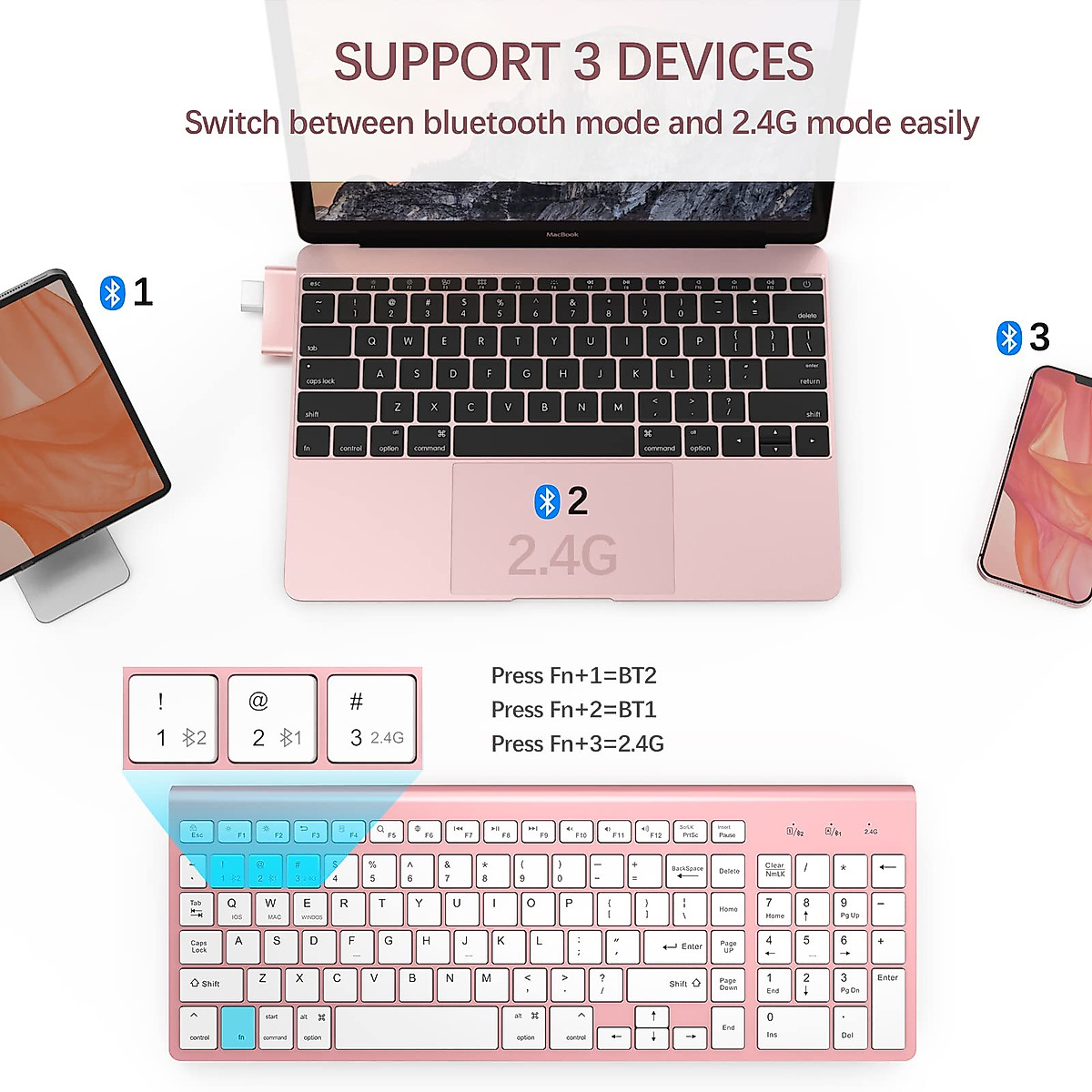 JOYACCESS Bluetooth Keyboard, Pink Wireless Keyboard with Number Pad, Dual Mode Slim Keyboard Connects Up to 3 Devices for iMac/Mac,MacBook, iPad,Laptop,Android,Windows