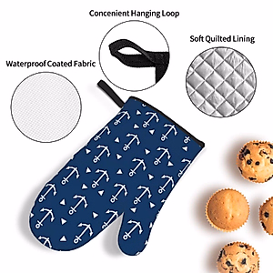 Nautical Anchors Oven Mitts and 2 Pot Holders Set, Soft Cotton Lining with Non-Slip Surface, Kitchen Microwave Gloves for Baking Cooking Grilling BBQ