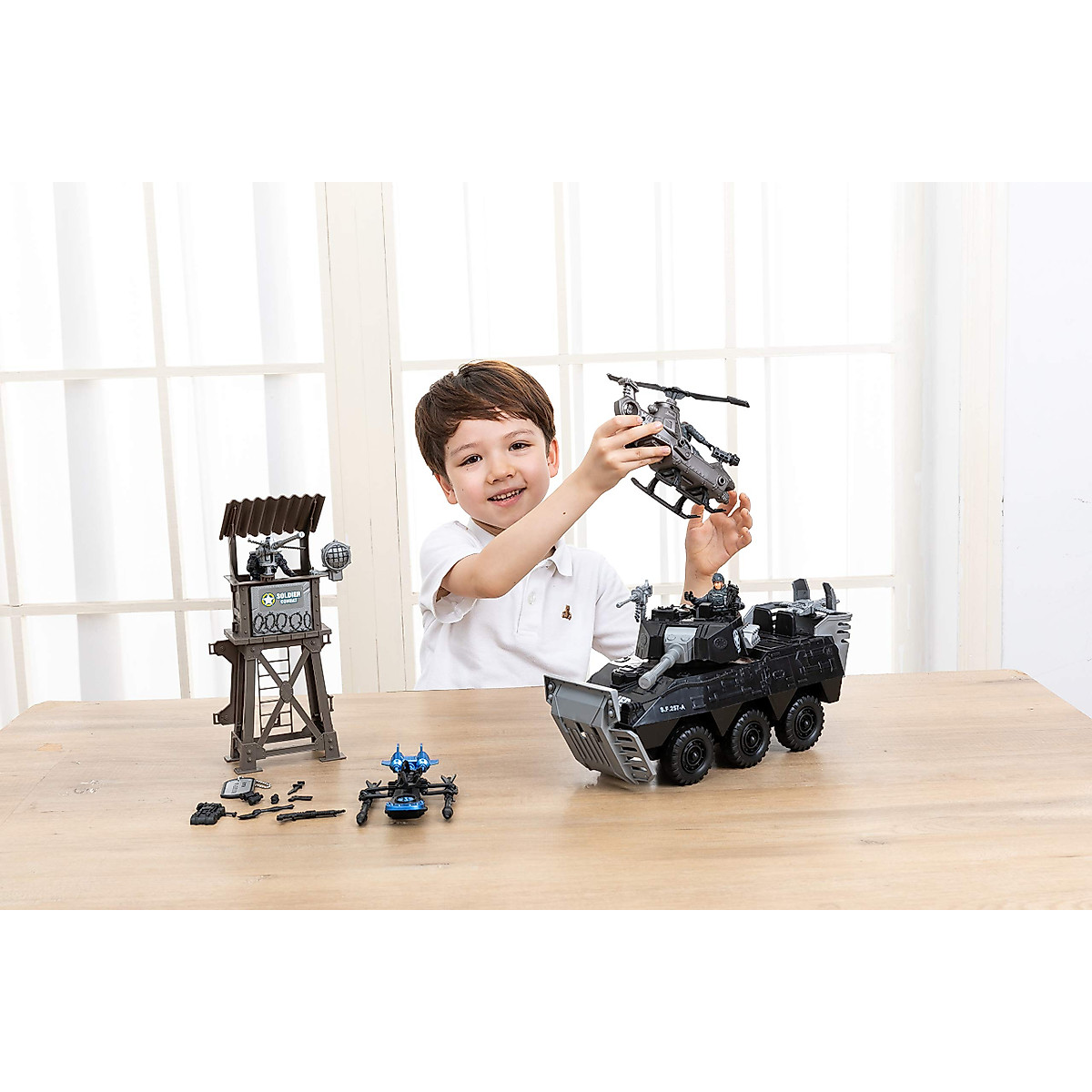 JOYIN 9 Pcs Boys Military Toy Play Set with Realistic Watchtower, Military Tank Toy, Mini Helicopter, Fancy Sci-fi Jet Board, Army Men Toy Soldiers Action Figures, Kids Fun Imaginative Play Toy Gifts