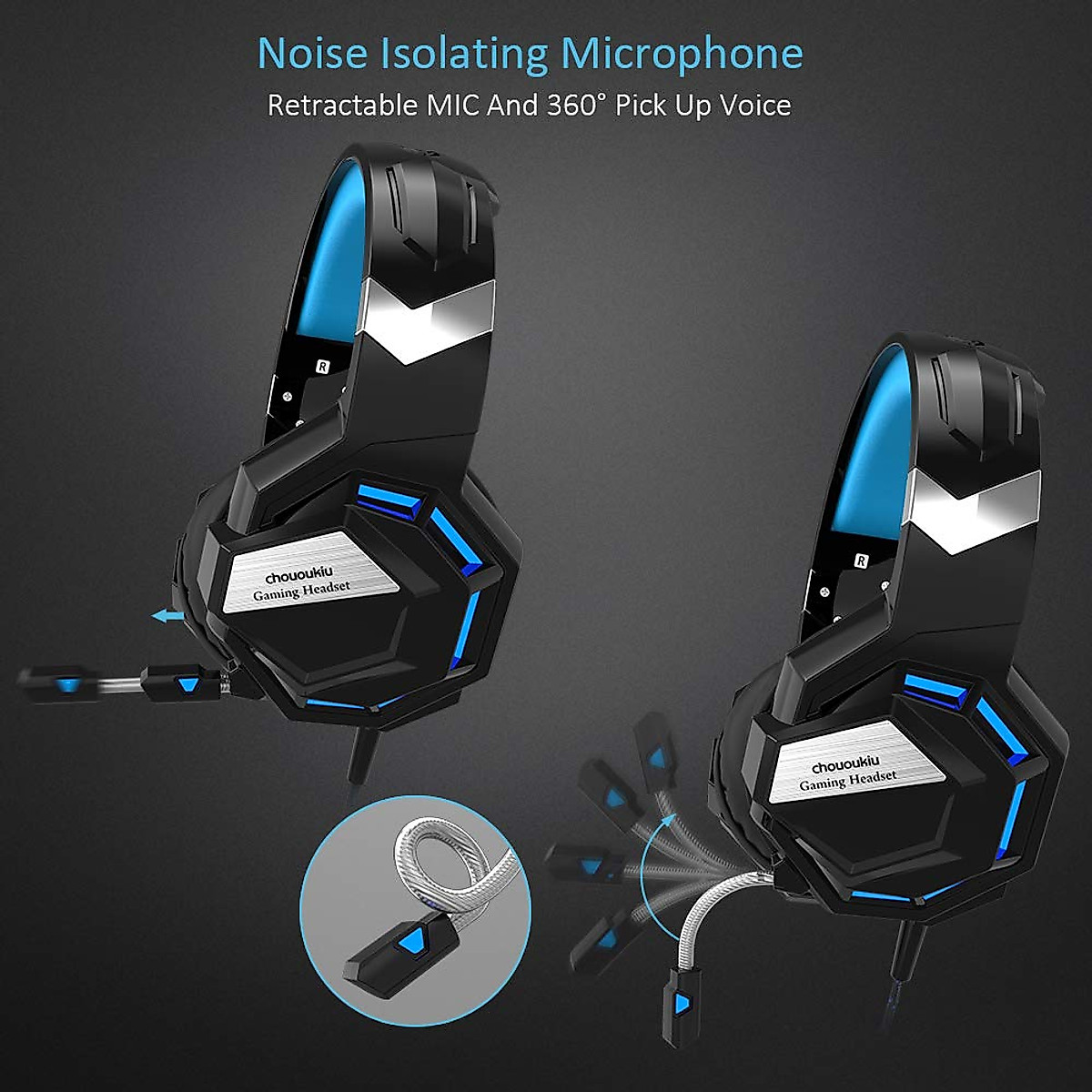 Gaming Headset - Chououkiu Headset Gaming Headphone for Xbox One, PS4, PC, Surround Sound Over Ear Headphones with Noise Cancelling Mic, LED Light Bass Surround Soft Memory Earmuffs (Blue)