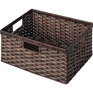Labcosi Large Wicker Basket, Plastic Wicker Storage Basket, Wicker Storage Basket for Bathroom, Plastic Storage Bin with Built-in Handles, Brown, 15 "L x 11 "W x 6.75 "H, 1 Pack