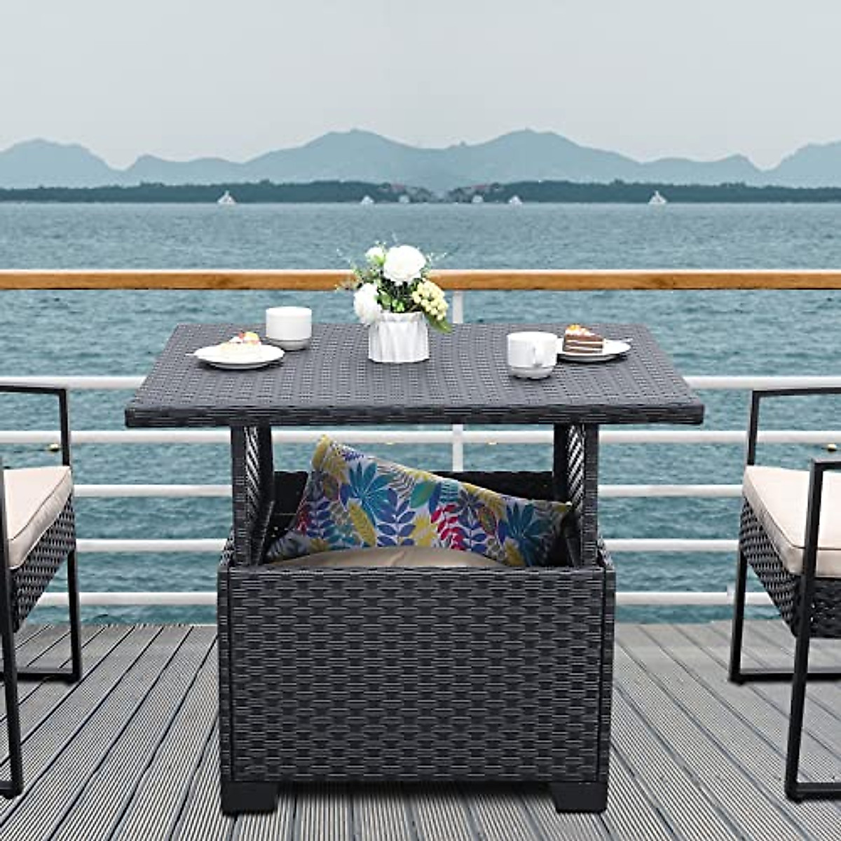Outdoor PE Wicker Liftable Coffee Table - Patio Rattan Garden Furniture Multi-Functional Storage Tea Table, Black