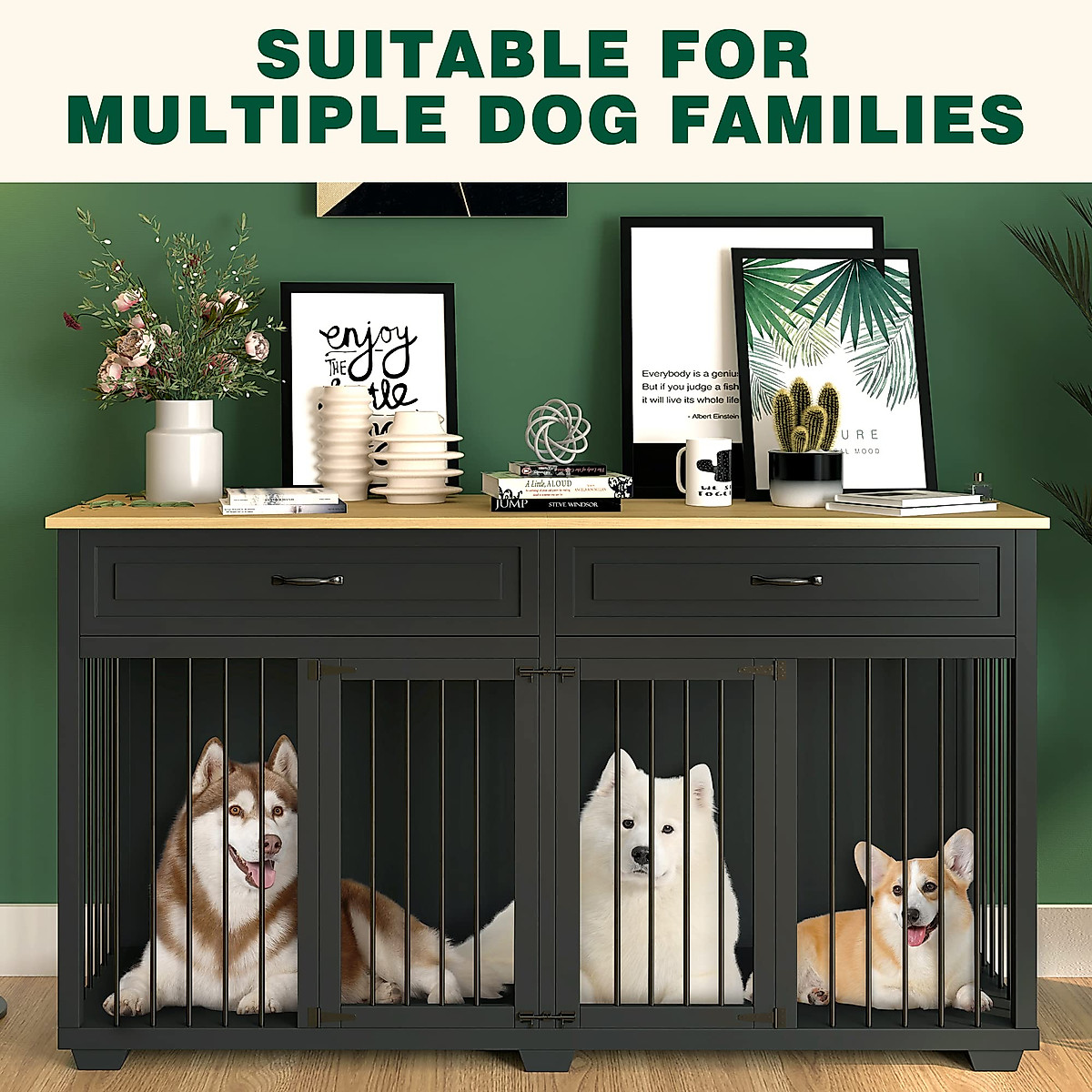 Lovinouse Large Double Dog Crate Furniture, 72.4" Wooden Dog Crate Kennel with 2 Drawers and Divider, XXL Dog Crates Furniture for Large Dog or 2 Medium Dogs Indoor, Black+Natural Tabletop