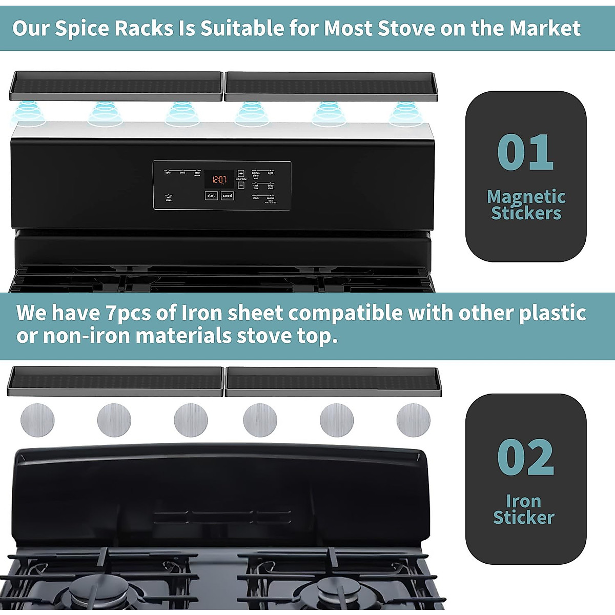 BFONS 30" Magnetic Stove Top Shelf Spice Rack Storage, Silicone Top Heat Material Stove Rack Seasoning Organizer Kitchen Gadgets Kitchen Organization（Grey）