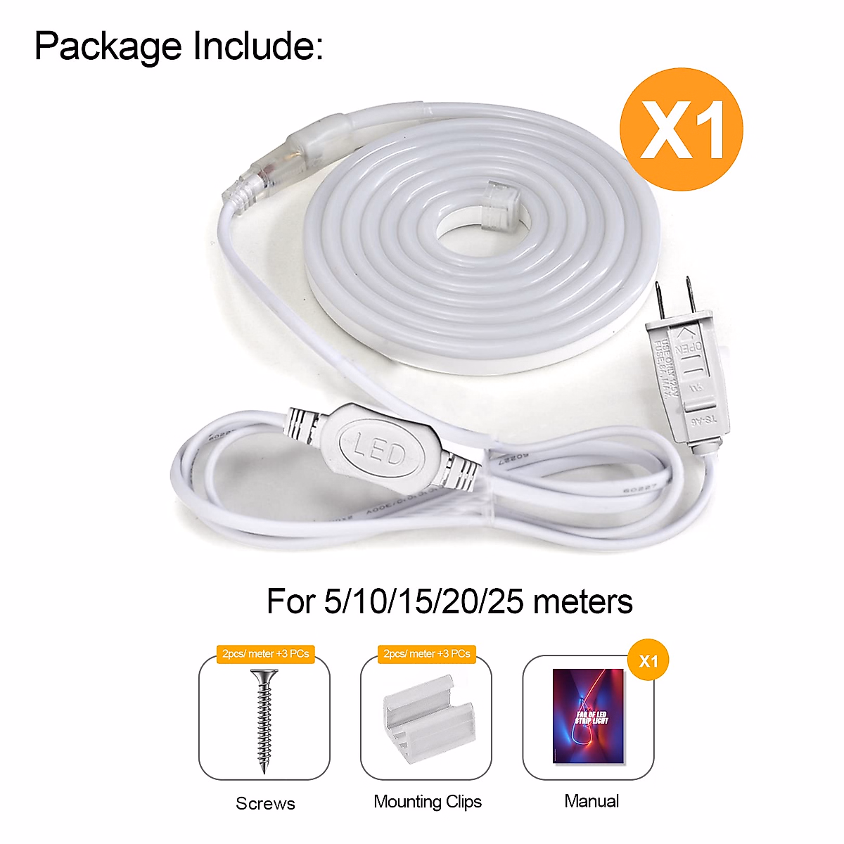 qnnp LED Neon Rope Light 16.4ft/5m LED Lights Strip AC110-120V Waterproof Cuttable Flexible Neon Strip Lights for Indoor&Outdoor Decoration Kitchen Bedroom Garden Hotel (Power Adapter Included)