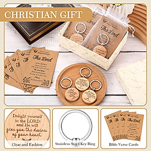 Siifert 50 Sets Christian Gifts Set Include Wooden Bible Verse Keychain Inspirational Scripture Cards with Bible Verses and White Organza Bags for Men Women Office School Church Supplies (Round)