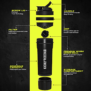 KICHLY Shaker Bottle 1 Pack - 24 Ounce Plastic Protein Shaker Bottle for Pre & Post workout with Twist & Lock Protein Box Storage (Black)