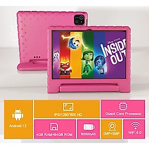 NOBKLEN Kids Tablet 10 Inch with Android 13, 4GB RAM 64GB Storage, Parental Controls, Educational Apps, Dual Camera, WiFi 6, 8000mAh Battery, Kid-Proof Case