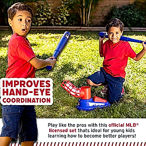 Franklin Sports Kids Baseball Pitching Machine - Pop A Pitch Baseball Batting Machine with Youth Bat + 3 Plastic Baseballs - Boys + Girls Baseball Toy,Red/Blue