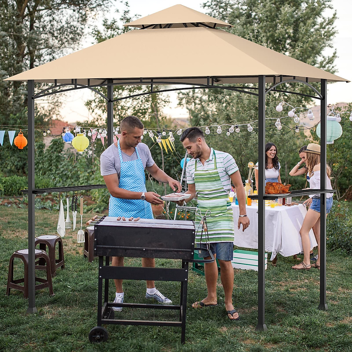 Tangkula 8x5 Ft Grill Gazebo, Double Tiered Outdoor BBQ Gazebo with 2 Side Shelves, 5 Hooks, Bottle Opener, Barbecue Grill Gazebo Shelter for Patio, Garden, Beach, Backyard (Khaki)