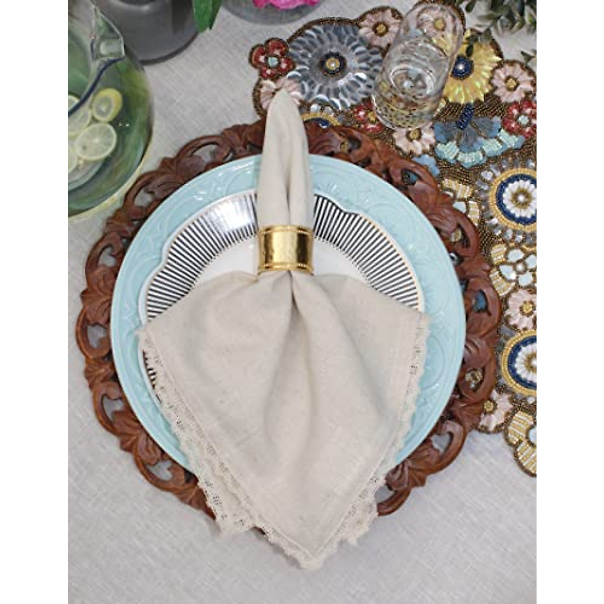 COTTON CRAFT Flax Linen Cloth Napkins with Lace - Set of 12 Lunch Dinner Napkins - Elegant Everyday Fall Harvest Thanksgiving Holiday Table Napkin - Washable Reusable Napkin - Oversized 20x20- Natural