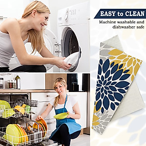 Whaline Dahlia Swedish Kitchen Dishcloth Navy Blue Yellow Silver Flower Absorbent Cotton Kitchen Towel Spring Summer Geometric Cleaning Dishcloths for Party Home Housewarming Cleaning, 7 x 8 in, 6Pcs