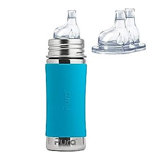 Pura Kiki 11 oz / 325ml Stainless Steel Sippy Cup Bundle w/ 2 Pack of Silicone XL Sipper Spouts & Sleeve, Aqua (Plastic Free, NonToxic Certified, BPA Free)