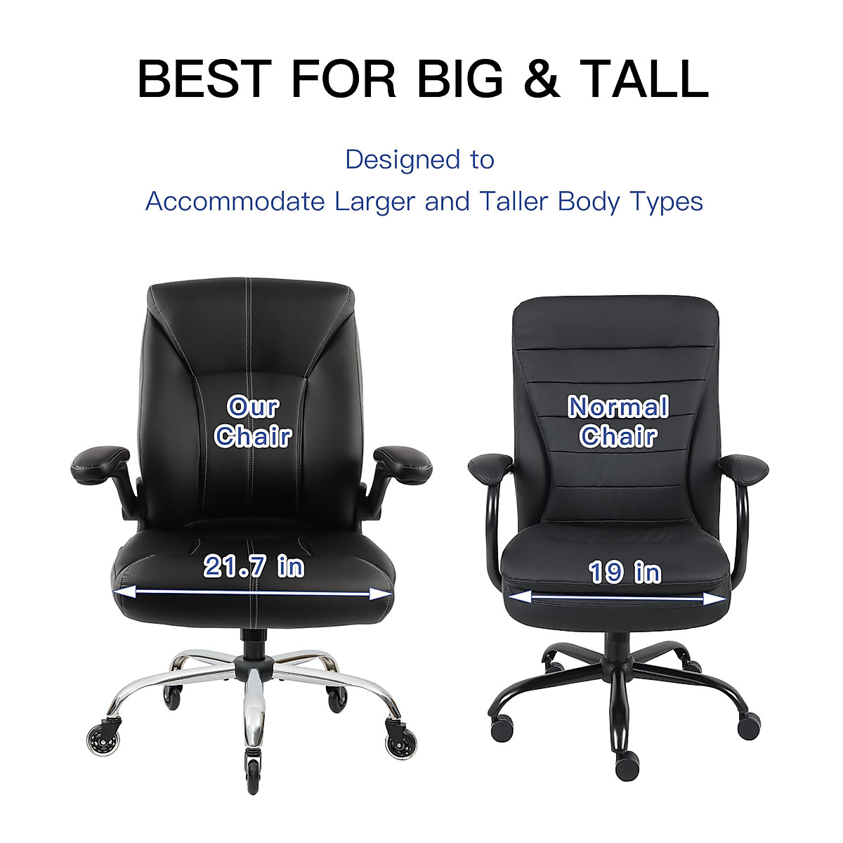 Big and Tall Office Chair for Heavy People 400lb, Executive Desk Computer Chair Adjustable Flip-up Armrests, PU Leather Swivel Task Chair with Ergonomic High Back and Lumbar Support