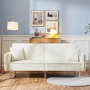 Topeakmart Futon Sofa Bed Split-Back Sleeper Sofa with Removable Armrest Sturdy Metal Legs 3 Angles Adjustable Couch Settee for Apartment/Living Room/Office Ivory Bouclé
