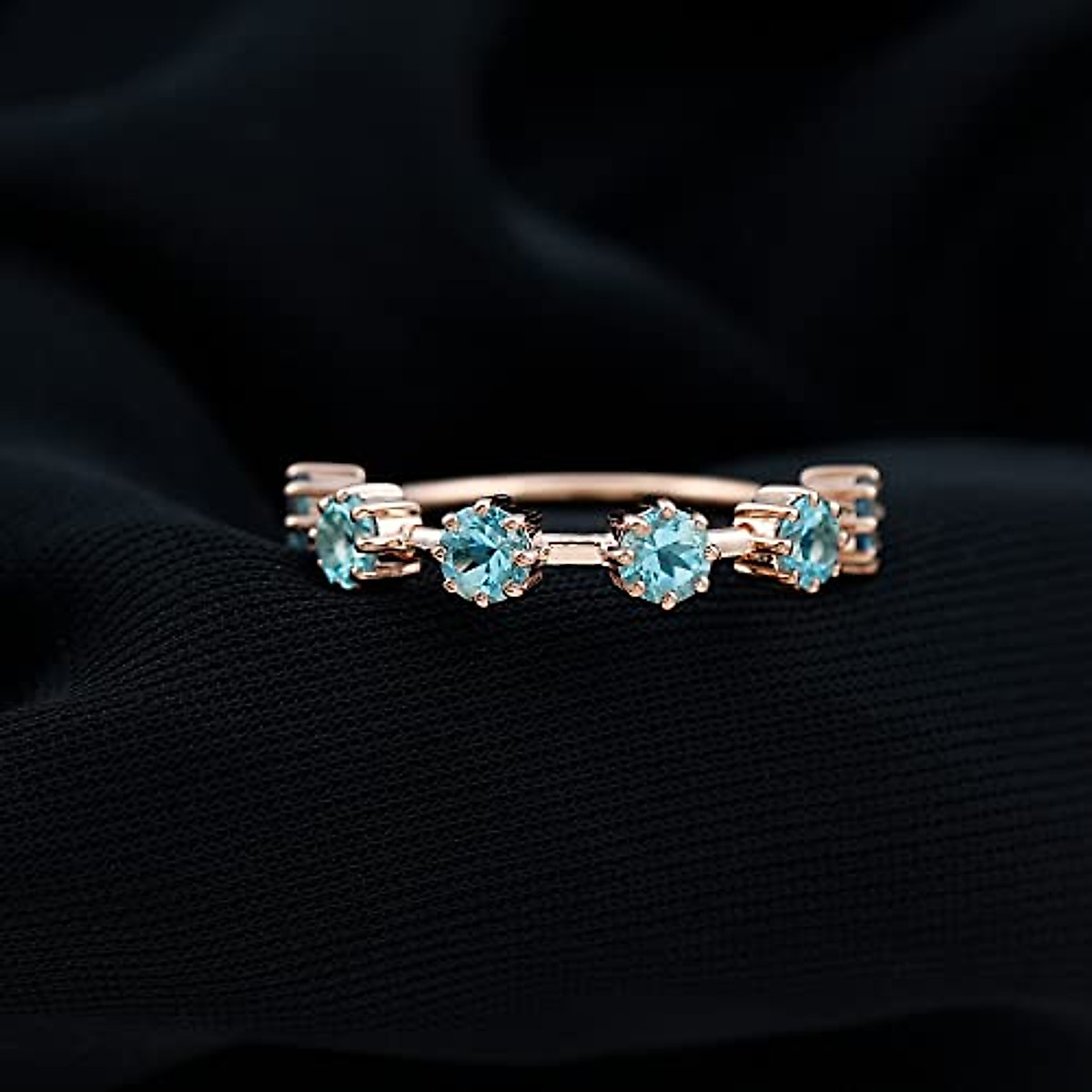 Natural and Certified Aquamarine Wedding Anniversary Ring, AAA Quality, Stackable Ring for Women - March Birthstone, 14K Rose Gold, Size:US 9.00