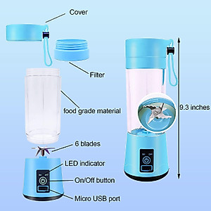 Portable Blender for Shakes and Smoothies, Personal Blender, Travel Lid for Kitchen, Office, Travel, Picnic, Gym & Travel, Personal Size Blenders with USB Rechargeable Blue