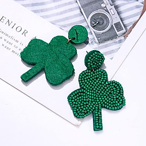 St. Patrick's Day Earrings Beaded Green Shamrock Earrings Handmade Lucky Leaf Drop Dangle Earring for Women Funny Irish Holiday Jewelry Gifts (Leaf 2)