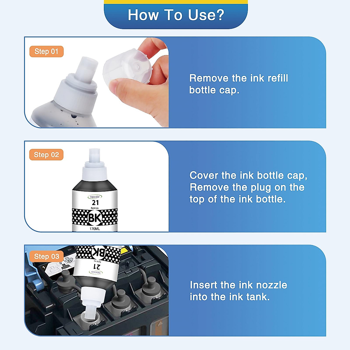 Topcolor GI-21 G3270 G3260 Ink Bottles Compatible for Canon 21 GI-21 GI21 Ink Refill Bottles Set, Compatible for Canon MegaTank G3270 G3260 G3290 G3272 G4280 G4270 G2270 G2260 G1220 G1230 Printer