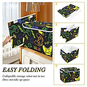 DOMIKING Joysticks Video Game Large Storage Bin with Lid Collapsible Shelf Baskets Box with Handles Organizing Container for Shelves Cabinet Nursery Drawer