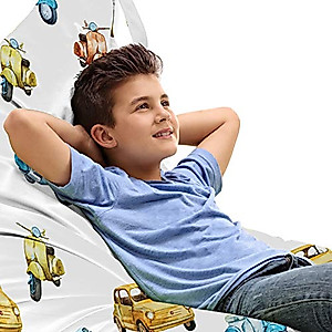Lunarable Vintage Lounger Chair Bag, Colored Retro Italian Motorcycle Scooter Cars Watercolored Like Pattern Artwork, High Capacity Storage with Handle Container, Lounger Size, Multicolor