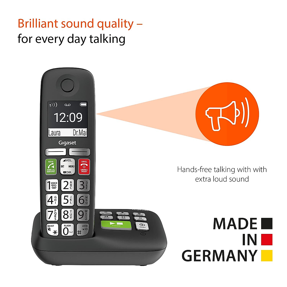 Gigaset E295A Duo – Two Big Button Phones Cordless – Made in Germany – Big 2” Display – Extra Large Keys and Easy Usability – Call-Blocker – Phonebook with 100 Contacts, Black