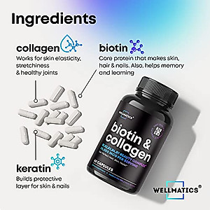 Biotin Capsules with Collagen and Keratin - 25000MCG Per Serving - Biotin Vitamins for Hair, Skin and Nails - Premium Biotin Supplement for Hair Growth for Women and Men - Metabolism Support - 60 Caps