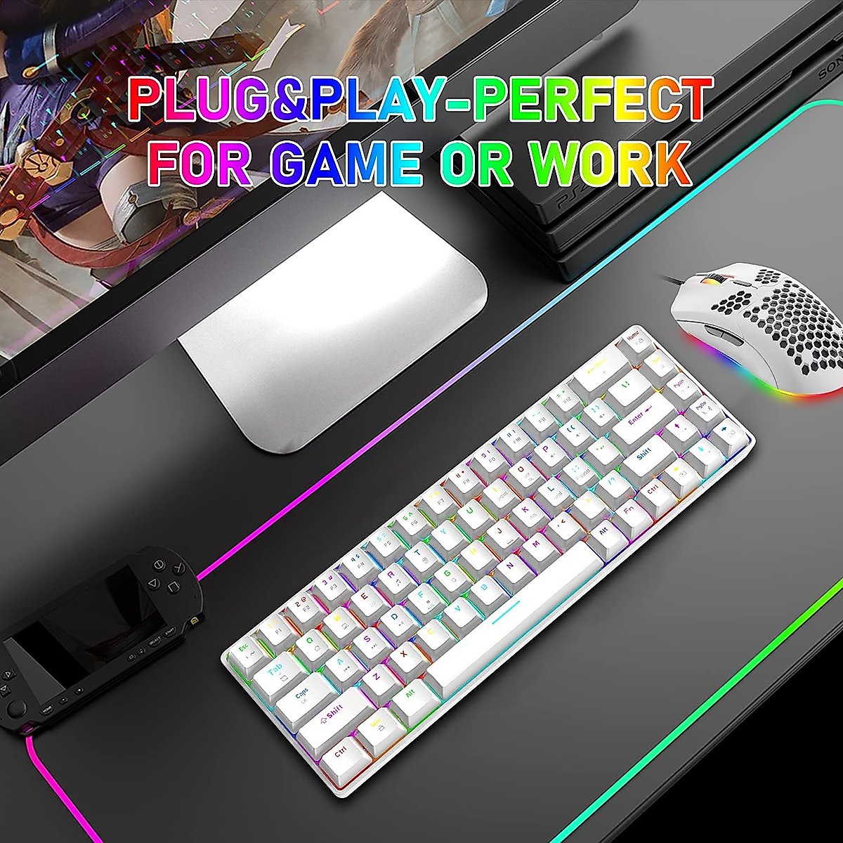 60% Mechanical Gaming Keyboard and Mouse Combo RGB Backlight Ultra-Compact Ergonomic Anti-ghosting 68 Keys 6400DPI Silent Honeycomb Mice Type-C Wired for Computer Mac Gamer