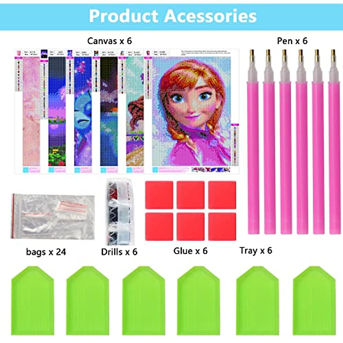 BOGVIAP Diamond Painting 6 Pack Diamond Art Sets Round Full Drill,Cartoon Diamond Painting 6 Pack,Perfect for Home Wall Decoration 12x16 Inch