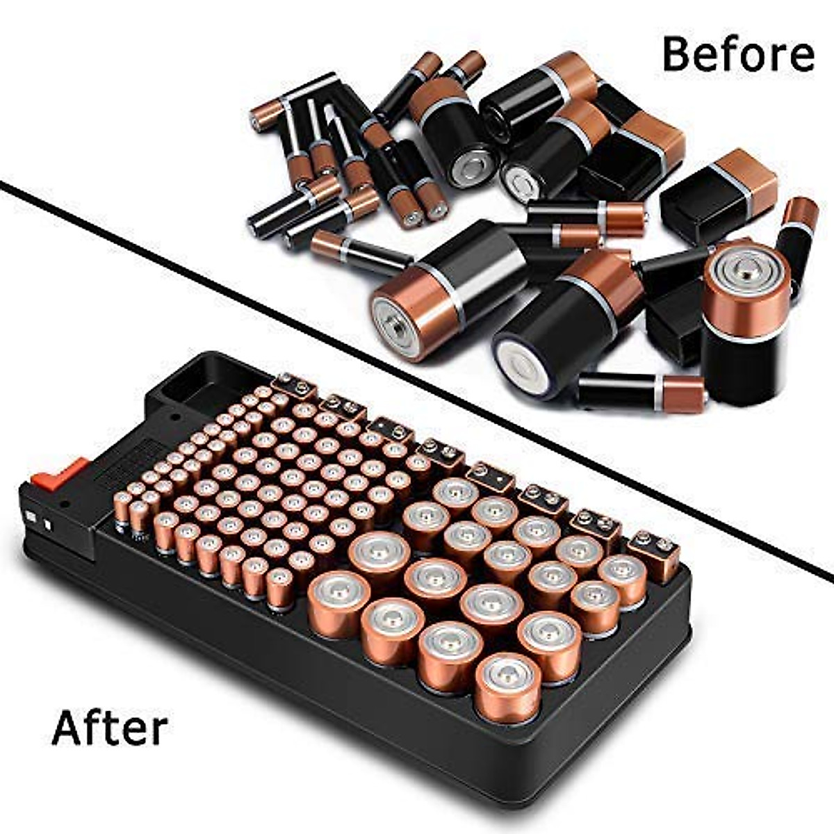 ANLIZN The Battery Storage Organizer Case and Battery Tester with No Lid, for Drawer Design, Holds 110 Batteries Various Sizes for AAA, AA, 9V, C, D and Button Battery