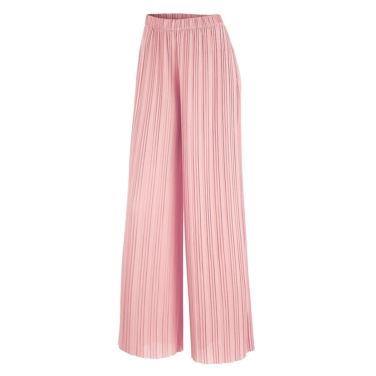 Lock and Love LL WB1795 Womens Casual High Waisted Pleated Wide Leg Palazzo Pants Trousers with Elastic Waist Band L Pink