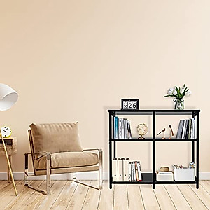 ECOMEX Small Bookshelf, Standing Metal Frame Book Shelves, 3 Tier Industrial Bookshelf Wood Bookcase Shelves Storage for Living Room Bedroom and Office, 3 Tiers Open Shelf/Display Rack, Black