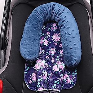 Baby Carseat Headrest and Strap Covers, Purple Floral Minky Infant Strollers Head Support & Seat Belt Cover, Toddler Strollers Headrest and Neck Cover, Car Accessories for Newborn Boys & Girls