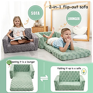 MallSingel Kids Sofa, Toddler Chair, 2-in-1 Flannel Kids Fold Out Couch, Toddler Convertible Sofa to Lounger, Flip Open Toddler Couch for Kids(White) (Green)