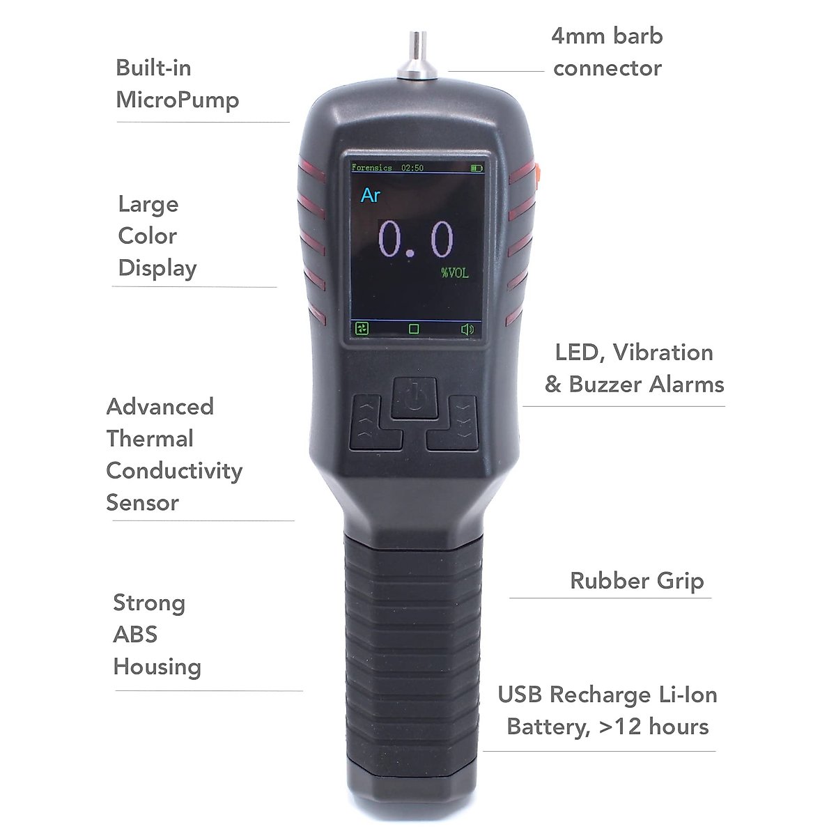 Argon Gas Analyzer | USA NIST Calibration | Built-in Pump & Probe | 0-100% with 0.1ppm Resolution | Leak Tester & Purity |