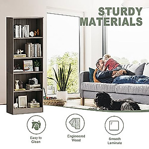 VICLLAX 5-Shelf Wood Bookcase, Narrow Adjustable Open Bookshelf, Tall Display Storage Shelf for Living Room, Bedroom, Kids Room, Office, Grey