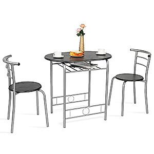 VINGLI 3 Piece Dining Set,Small Kitchen Table Set for 2,Breakfast Table Set,Kitchen Wooden Table and 2 Chairs for Small Space/Dining Room/Apartment,Metal Frame,Wine Rack,Sliver&Black