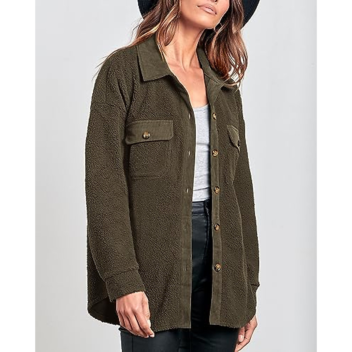 BTFBM Women's 2023 Fall Winter Button Down Shirts Sherpa Jacket Warm Long Sleeve Outerwear Faux Fur Shacket with Pockets(Solid Army Green, X-Large)