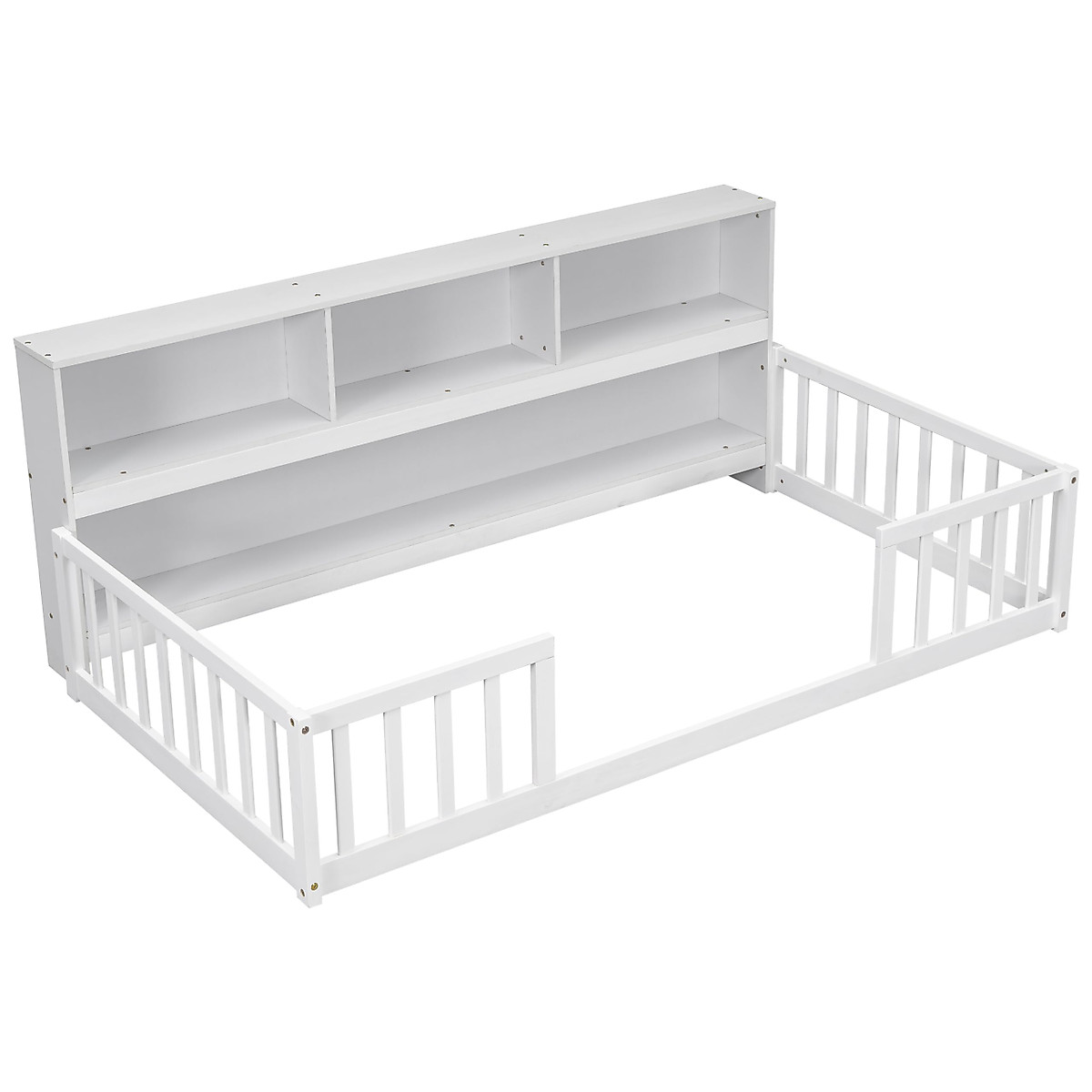 Twin Size Floor Bed with Bedside Bookcase and Shelves, Multifunctional Platform Bed with Guardrails, Wood Captain Bed with Storage Headboard, Low Floor Bed for Kids Teens (White * Twin,Guardrails)
