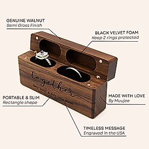 MUUJEE Together Double Ring Box - Engraved Slim Wooden Ring Case Box for Wedding Ceremony Engagement Proposal Ring Bearer Box - Anniversary Birthday Gift Ideas