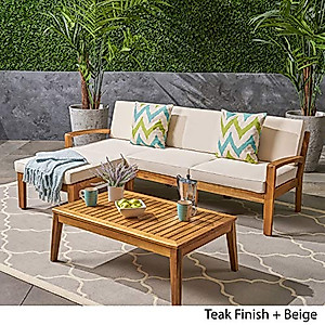 Christopher Knight Home Grenada Sectional Sofa Set | 5-Piece 3-Seater | Includes Coffee Table and Ottoman | Acacia Wood Frame | Water-Resistant Cushions | Teak and Beige, Finish