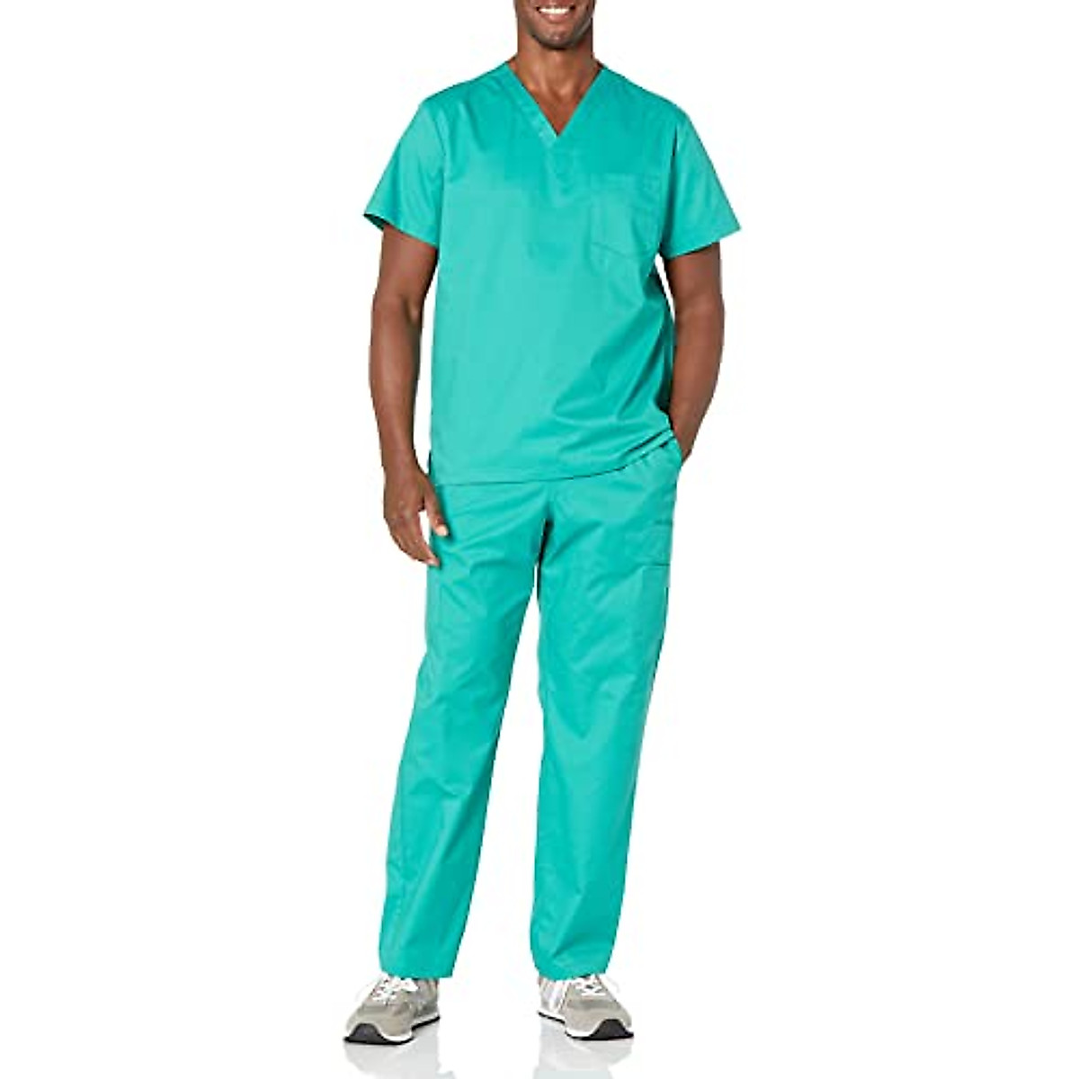 Amazon Essentials Men's V-Neck Scrub Top with Pockets, Emerald Green, Large