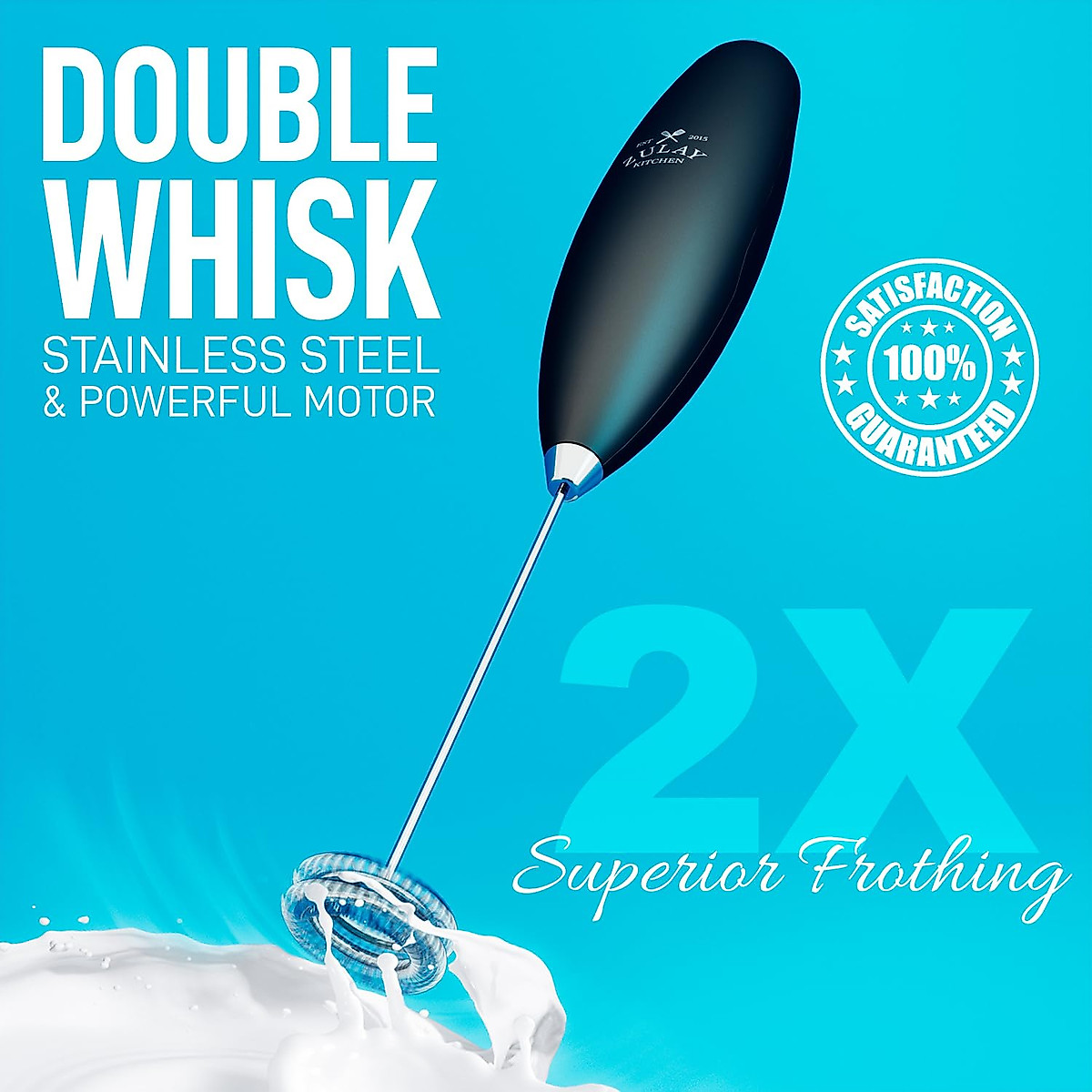 Zulay Double Whisk Milk Frother Handheld Mixer High Powered For Coffee With Improved Motor - Electric Drink Mixer For Cappuccino, Frappe, Matcha & More, Twin Whisk - Black