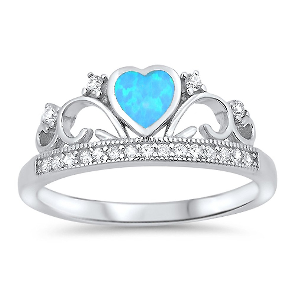 Blue Simulated Opal Heart Tiara Crown Promise Ring 925 Sterling Silver Band Size 6