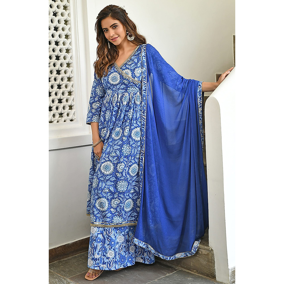 Janasya Indian Women's Blue Floral Block Printed Angrakha Kurta with Flared Palazzo and Dupatta