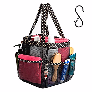 COFSODI Portable Hanging Mesh Shower Caddy - Shower Bag with Key Hook and Windproof Hook, 8 Pockets, Shower Organizer for College, Dorm, Camp, Beach, Swimming, Gym, Travel (Polka Dots)