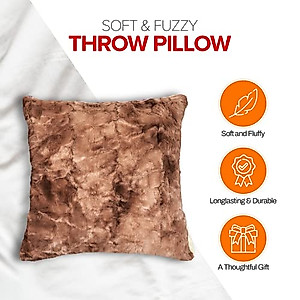 Cheer Collection Faux Fur Throw Pillow Set of 2 for Couch, Beds, Bedroom and Living Room - Ultra Soft and Cozy, Elegant Home Decor, Stylish Accent Pillows - 18" x 18", Brown & White